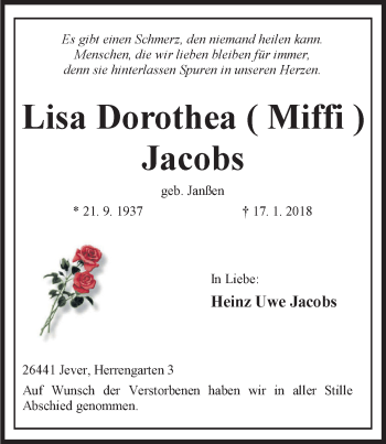 Traueranzeigen von Lisa Dorothea Jacobs | nordwest-trauer.de