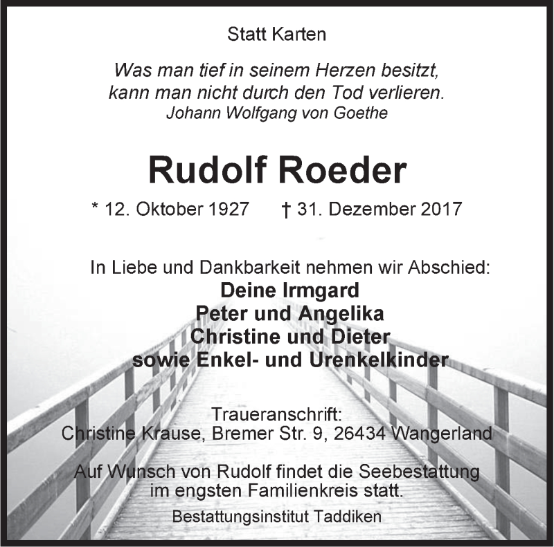 Traueranzeigen von Rudolf Roeder | nordwest-trauer.de