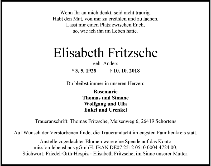 Traueranzeigen von Elisabeth Fritzsche | nordwest-trauer.de