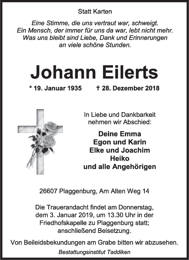 Traueranzeigen von Johann Eilerts | nordwest-trauer.de