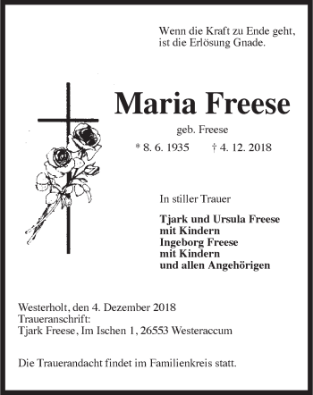 Traueranzeigen von Maria Freese | nordwest-trauer.de