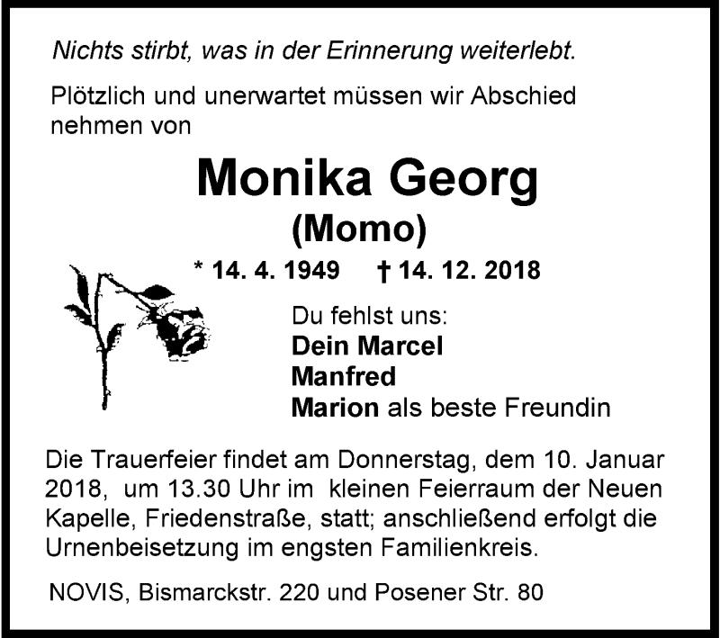 Traueranzeigen von Monika Georg | nordwest-trauer.de