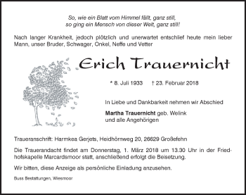 Traueranzeigen von Erich Trauernicht | nordwest-trauer.de