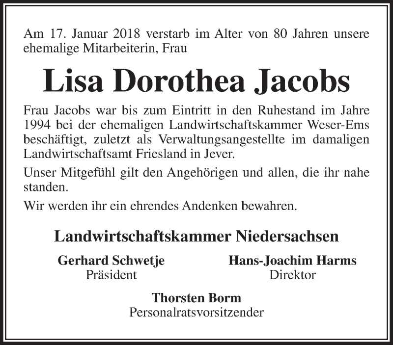 Traueranzeigen von Lisa Dorothea Jacobs | nordwest-trauer.de