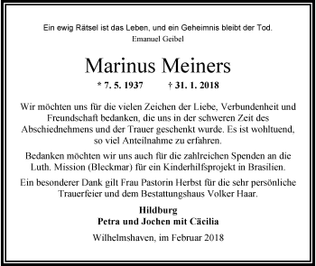 Traueranzeigen von Marinius Meiners | nordwest-trauer.de