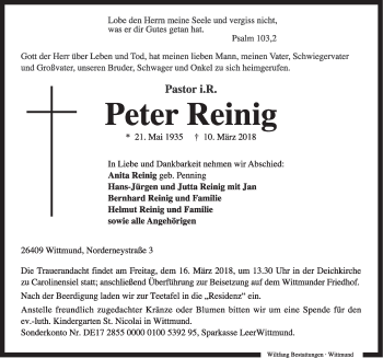 Traueranzeigen von Peter Reinig | nordwest-trauer.de