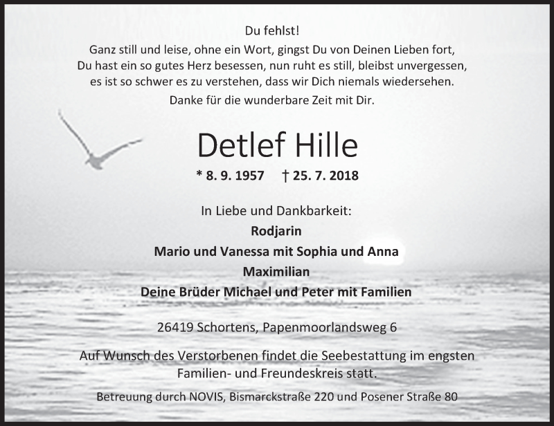 Traueranzeigen von Detlef Hille | nordwest-trauer.de