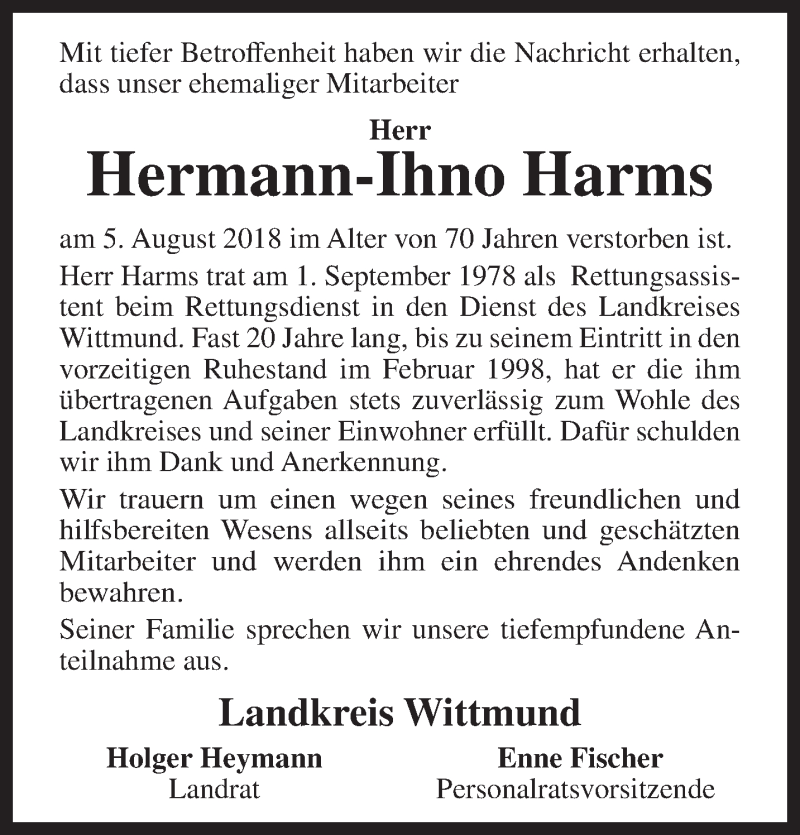 Traueranzeigen von Hermann-Ihno Harms | nordwest-trauer.de