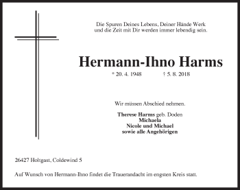 Traueranzeigen von Hermann-Ihno Harms | nordwest-trauer.de