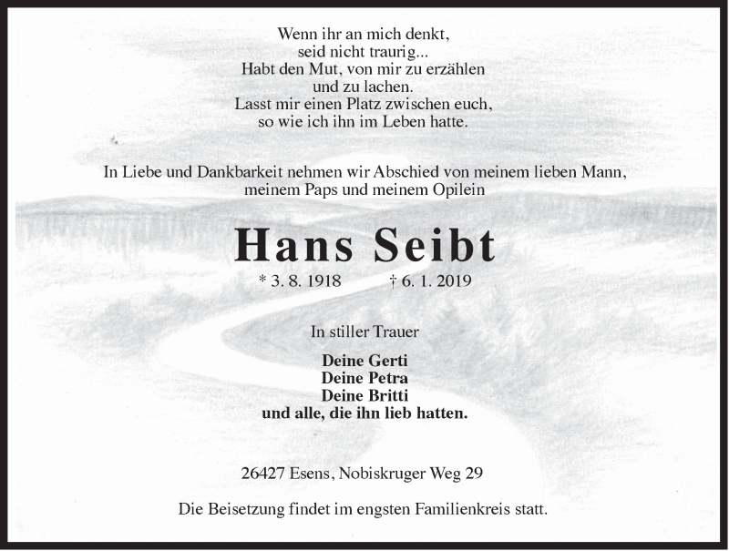 Traueranzeigen von Hans Seibt | nordwest-trauer.de