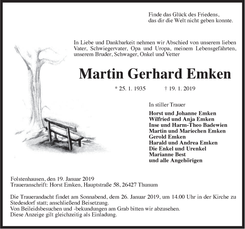 Traueranzeigen von Martin Gerhard Emken | nordwest-trauer.de