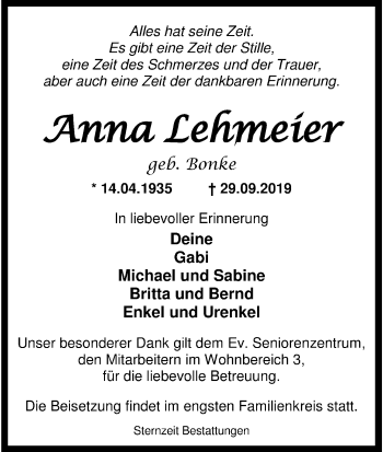 Traueranzeigen von Anna Lehmeier | nordwest-trauer.de