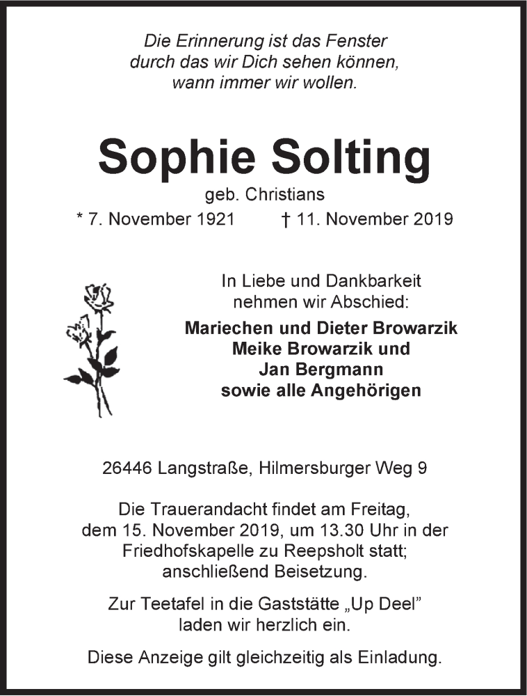 Traueranzeigen von Sophie Solting | nordwest-trauer.de