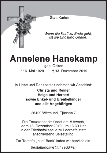 Traueranzeigen von Annelene Hanekamp | nordwest-trauer.de
