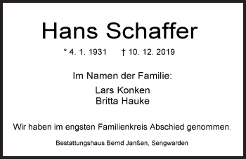 Traueranzeigen von Hans Schaffer | nordwest-trauer.de
