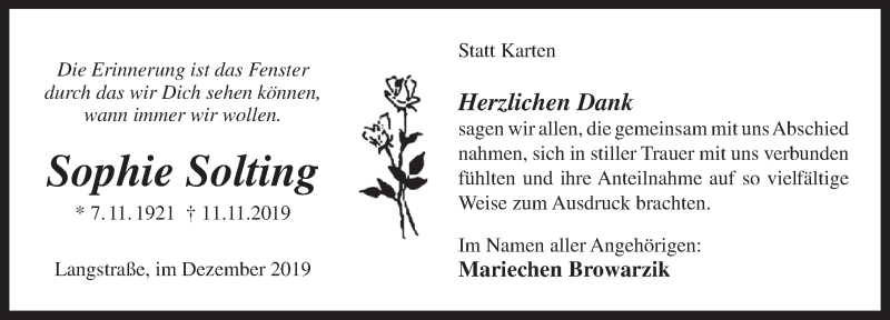 Traueranzeigen von Sophie Solting | nordwest-trauer.de