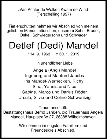 Traueranzeigen von Detlef Mandel | nordwest-trauer.de