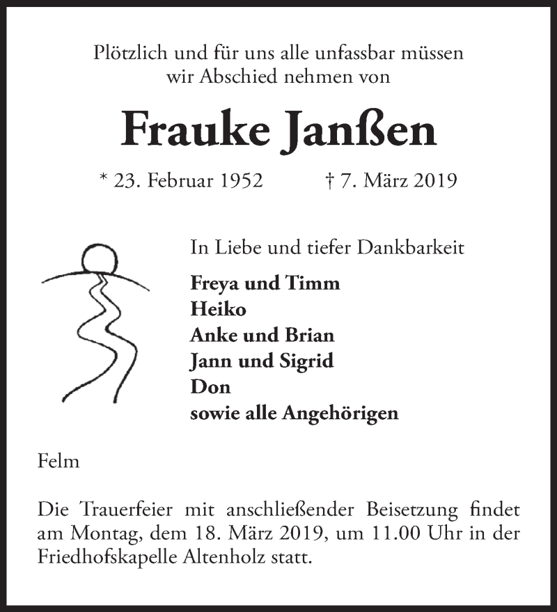 Traueranzeigen von Frauke Janßen | nordwest-trauer.de