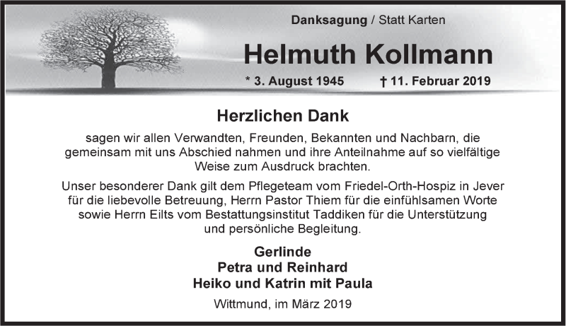 Traueranzeigen von Helmuth Kollmann | nordwest-trauer.de