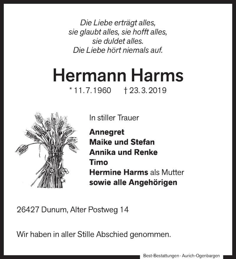 Traueranzeigen von Hermann Harms | nordwest-trauer.de