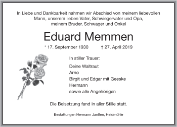 Traueranzeigen von Eduard Memmen | nordwest-trauer.de