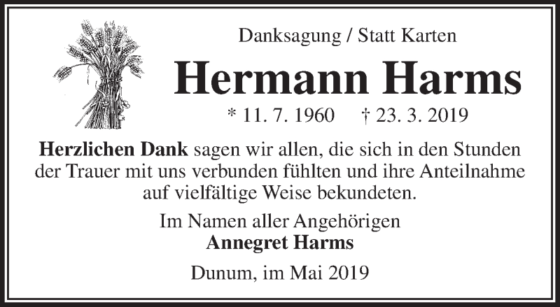 Traueranzeigen von Hermann Harms | nordwest-trauer.de