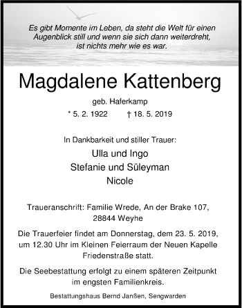Traueranzeigen von Magdalene Kattenberg | nordwest-trauer.de