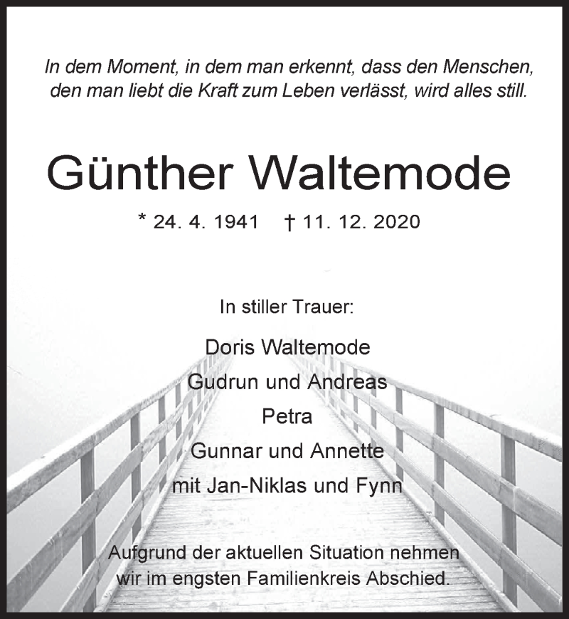 Traueranzeigen von Günther Waltemode | nordwest-trauer.de