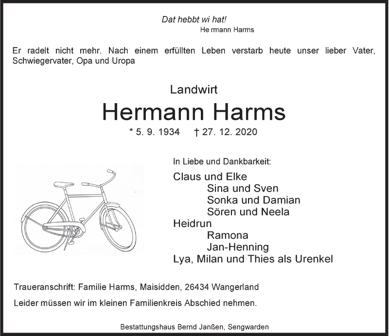 Traueranzeigen von Hermann Harms | nordwest-trauer.de