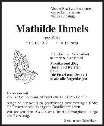 Traueranzeigen von Mathilde Ihmels | nordwest-trauer.de