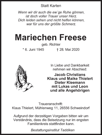 Traueranzeigen von Mariechen Freese | nordwest-trauer.de