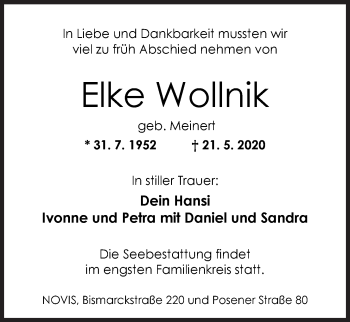Traueranzeigen von Elke Wollnik | nordwest-trauer.de