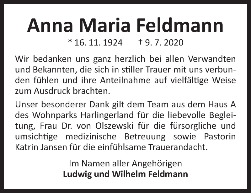 Traueranzeigen von Anna Feldmann | nordwest-trauer.de
