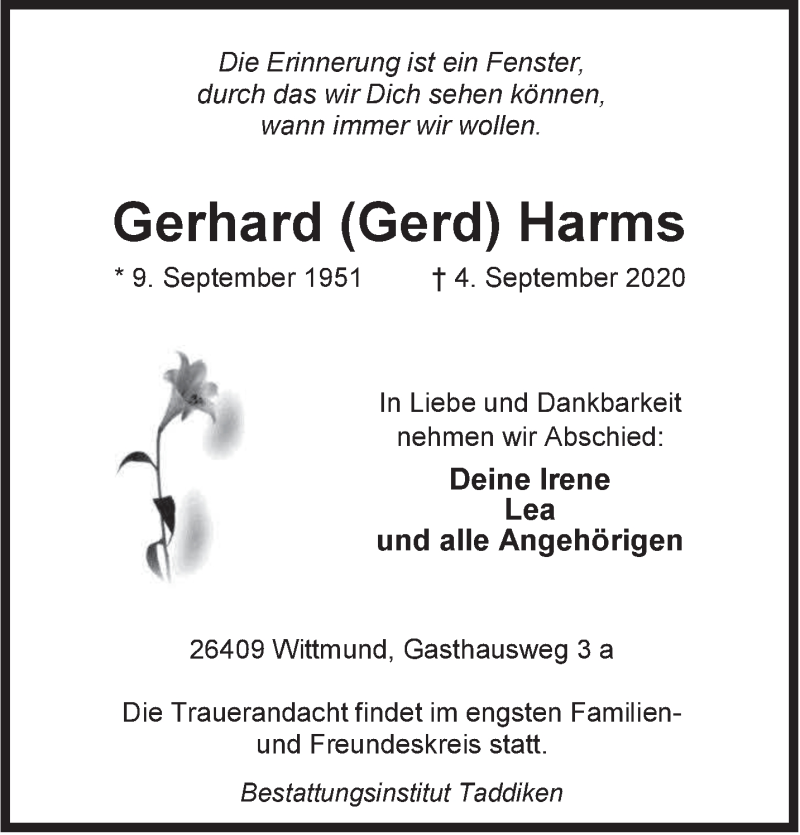 Traueranzeigen von Gerhard Harms | nordwest-trauer.de