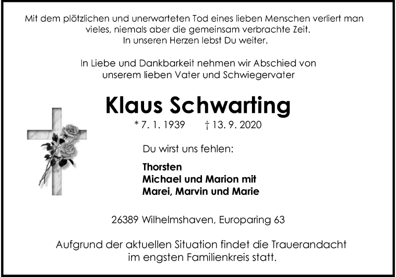 Traueranzeigen von Klaus Schwarting | nordwest-trauer.de