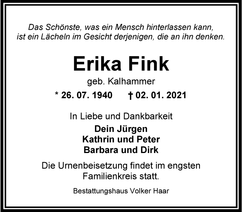 Traueranzeigen von Erika Fink | nordwest-trauer.de