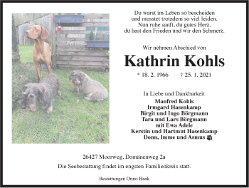 Traueranzeigen von Kathrin Kohls | nordwest-trauer.de