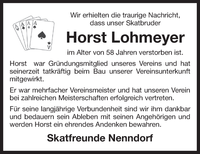 Traueranzeigen von Horst Lohmeyer | nordwest-trauer.de