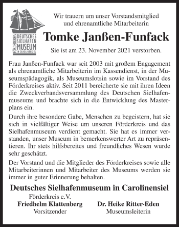 Traueranzeigen von Tomke Janßen | nordwest-trauer.de