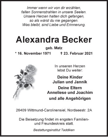 Traueranzeigen von Alexandra Becker | nordwest-trauer.de