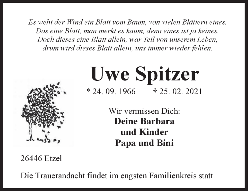 Traueranzeigen von Uwe Spitzer | nordwest-trauer.de