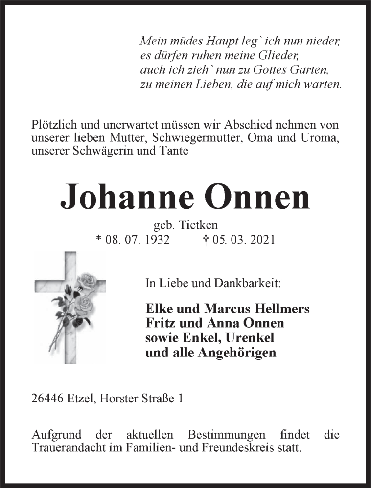 Traueranzeigen von Johanne Onnen | nordwest-trauer.de
