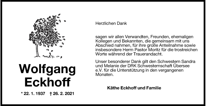 Traueranzeigen von Wolfgang Eckhoff | nordwest-trauer.de