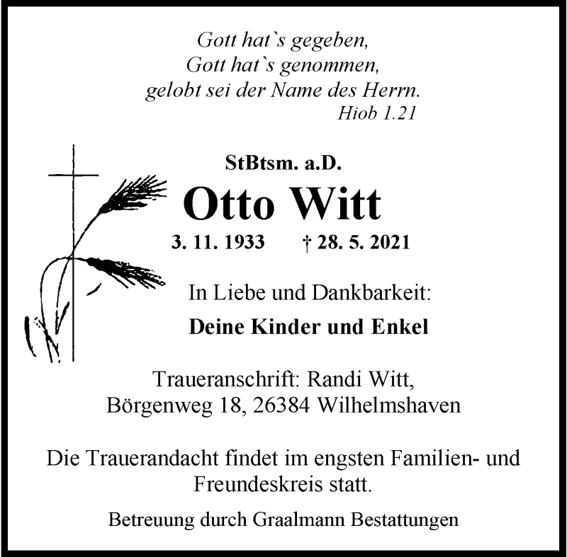 Traueranzeigen von Otto Witt | nordwest-trauer.de
