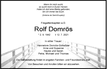 Traueranzeigen von Rolf Domrös | nordwest-trauer.de