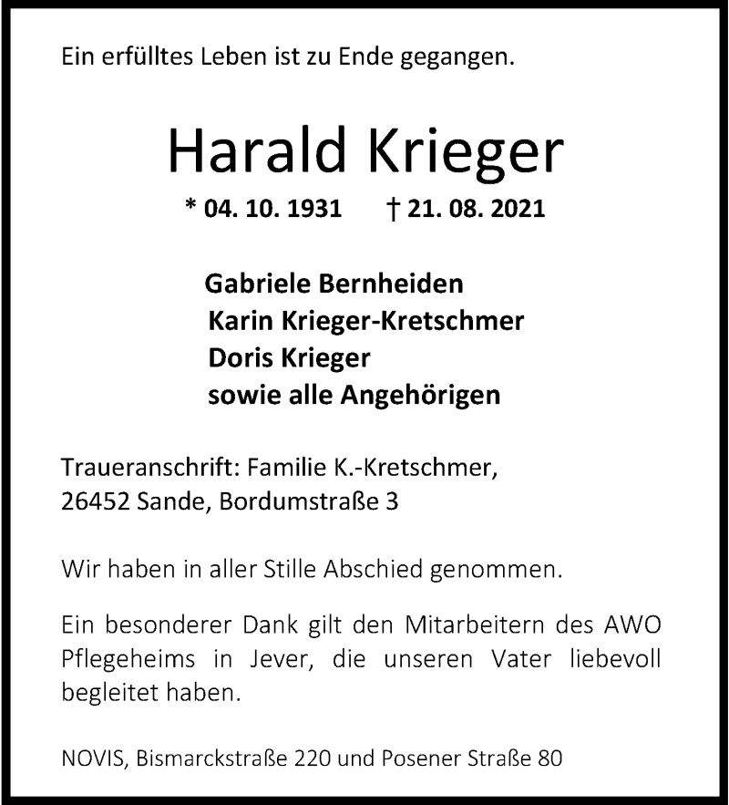 Traueranzeigen von Harald Krieger | nordwest-trauer.de