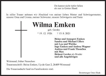 Traueranzeigen von Wilma Emken | nordwest-trauer.de