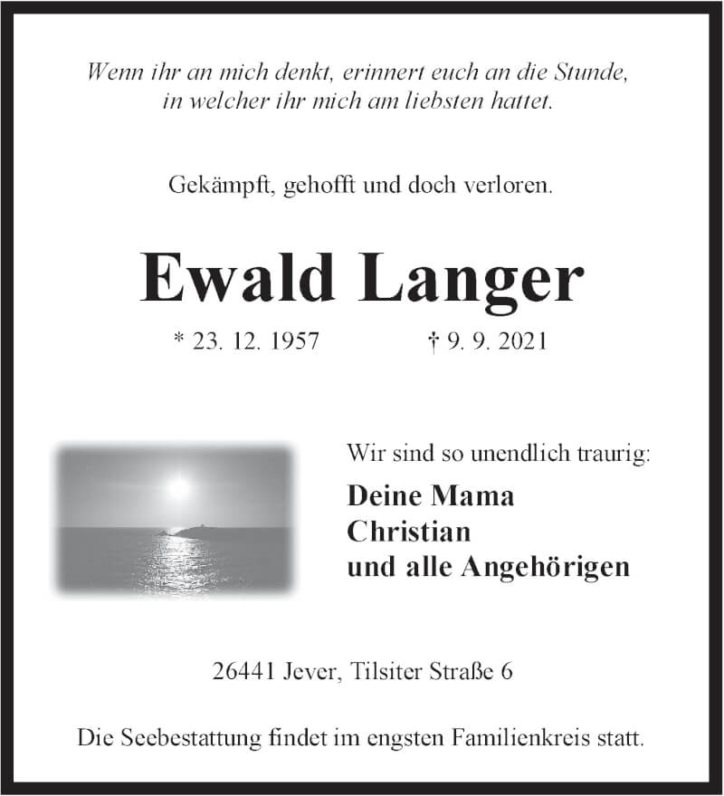 Traueranzeigen von Ewald Langer | nordwest-trauer.de