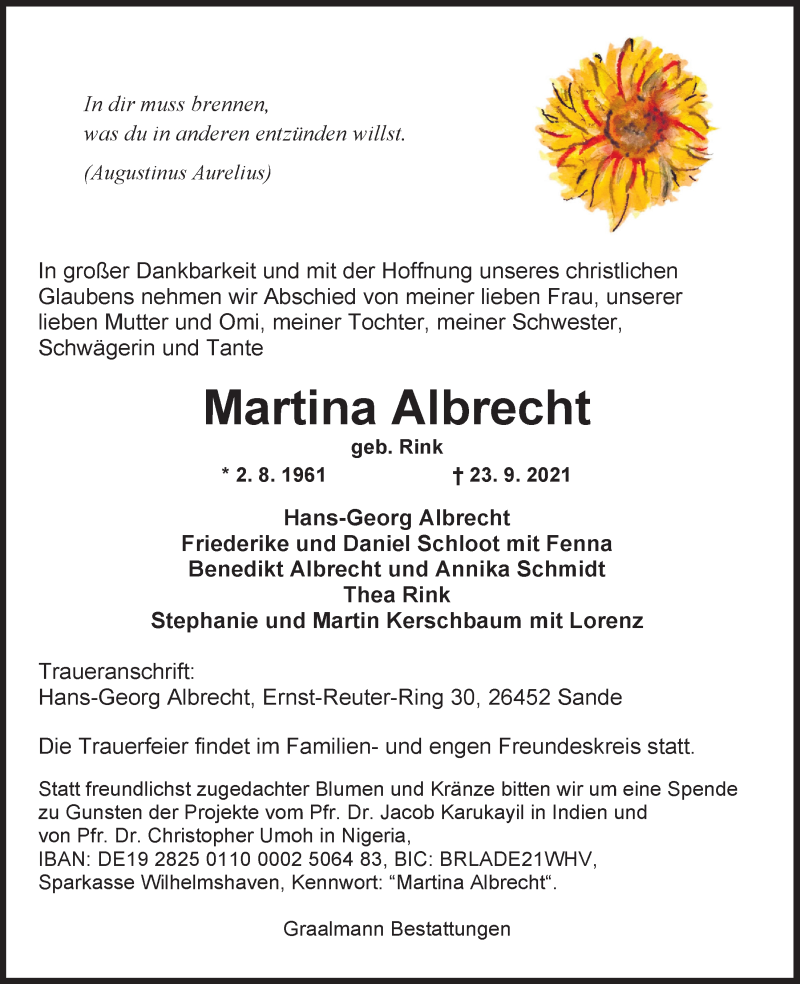 Traueranzeigen von Martina Albrecht | nordwest-trauer.de
