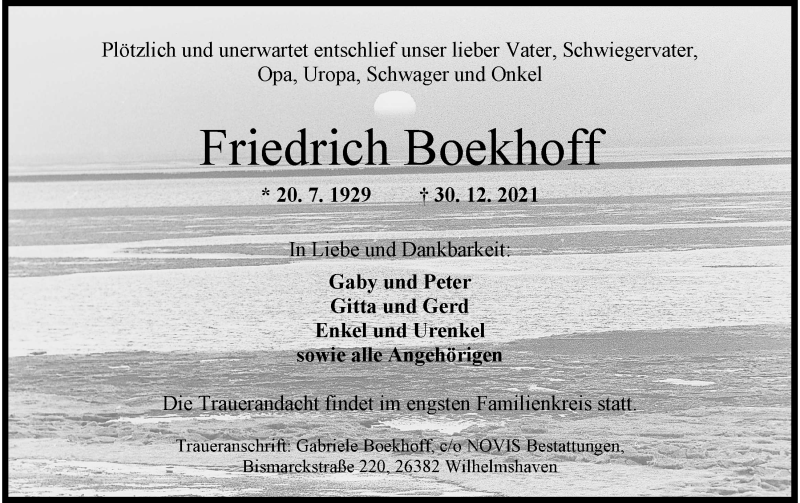 Traueranzeigen von Friedrich Boekhoff | nordwest-trauer.de